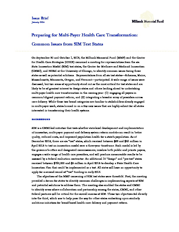 Preparing for Multi-Payer Health Care Transformation: Common Issues ...